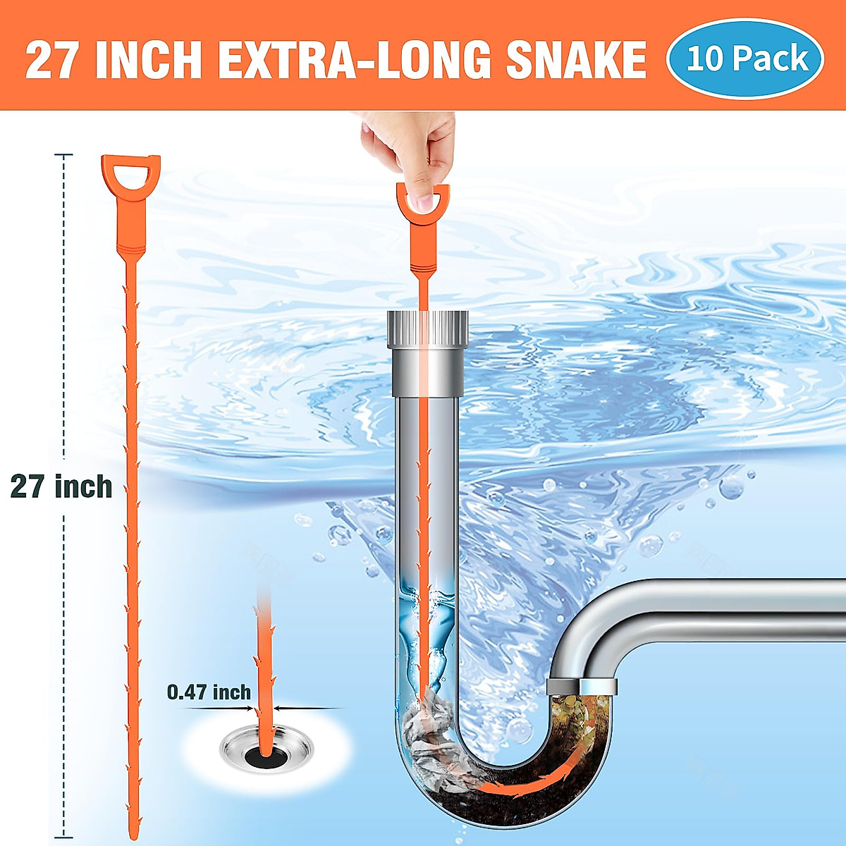 reliahom 10 Pack 27inch Long Drain Clog Remover, Drain Snake Clog Remover Tool Drain Cleaner Hair Clog Remover Sink Snake Drain Hair Catcher for Shower Kitchen Sink Bathroom Tub Sewer