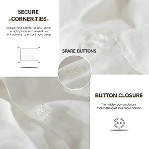 Simple&Opulence 100% Linen Duvet Cover Set 3pcs Basic Style Natural French Washed Flax Solid Color Soft Breathable Farmhouse Bedding with Button Closure - White, Queen