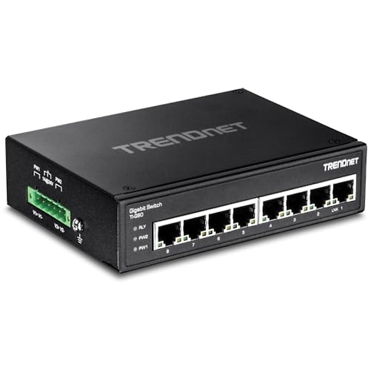 TRENDnet 8-Port Hardened Industrial Gigabit DIN-Rail Switch, 16 Gbps Switching Capacity, IP30 Rated Metal Housing (-40 to 167 ºF), DIN-Rail & Wall Mounts Included, Lifetime Protection, Black, TI-G80