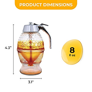 Hunnibi Honey Dispenser PLUS - No Drip Glass with STAINLESS STEEL TOP - Syrup Dispenser Glass - Beautiful Honey Pot - Honey Jar with Stand