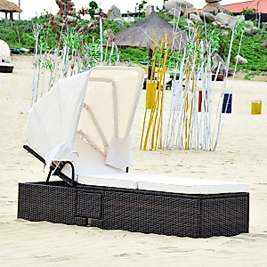 HAPPYGRILL Patio Chaise Lounge with Retractable Canopy Set of 2, Outdoor Reclining Chair with Adjustable Backrest, Rattan Wicker Daybed with Coffee Table Sun Lounger for Beach Poolside Backyard Porch