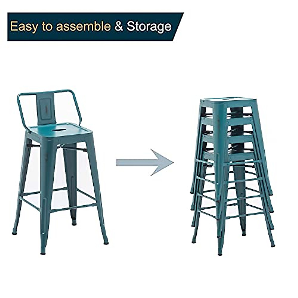 Andeworld Distressed Bar Stools Set of 4 Industrial Counter Stools Metal Barstools with Backrest (30 Inch, Distressed Design Teal)