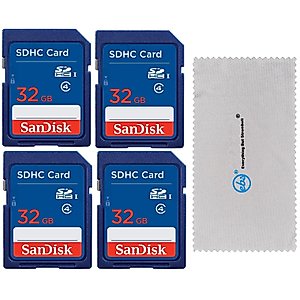 SanDisk 32 GB Class 4 SD HC Flash Memory Card - 4 Pack With Everything But Stromboli (tm) MicroFiber Cleaning Cloth