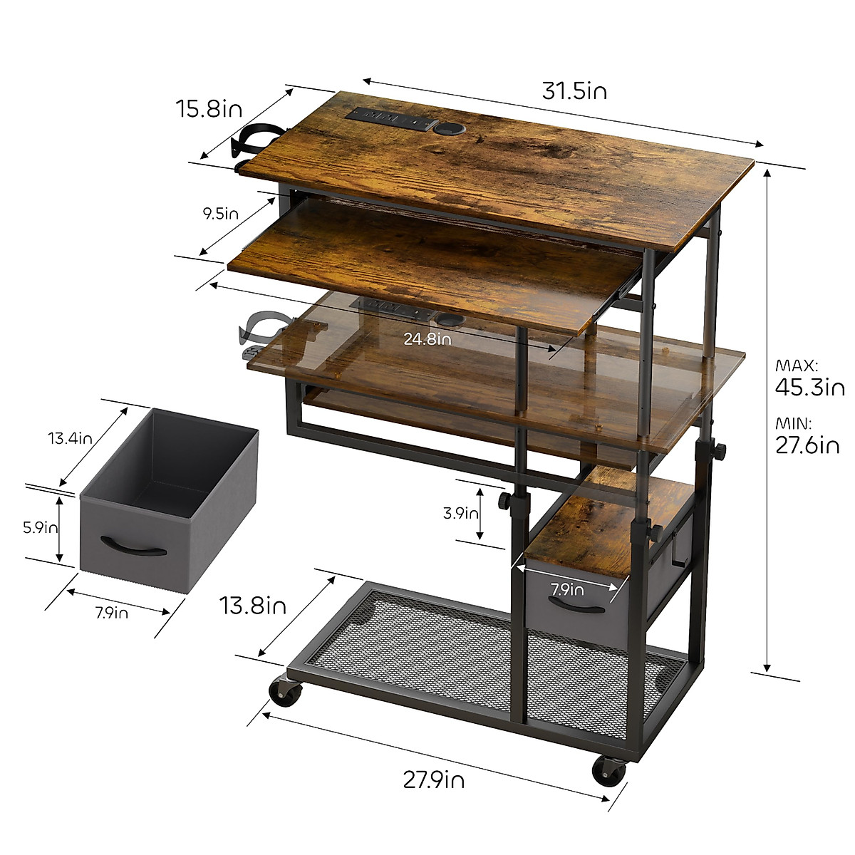 Oransail Height Adjustable C Table with Charging Station, Mobile Laptop C Shaped End Table, Couch Desk with Wheels, Couch Side Table with Storage Drawer for Living Room Bedroom