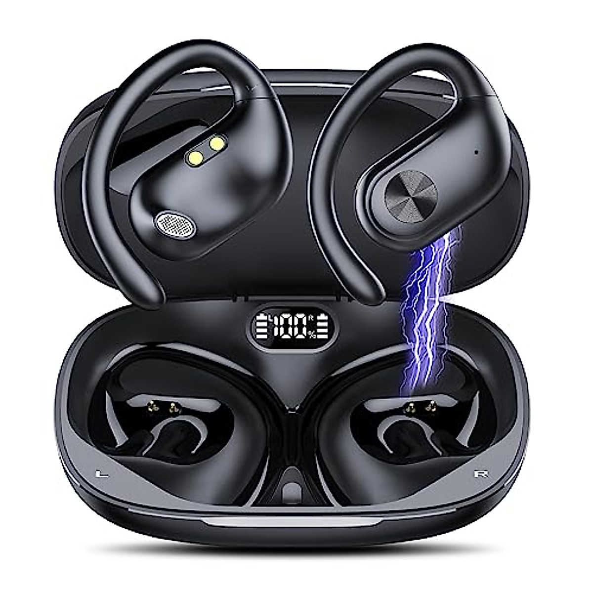 FAMOO Open Ear Headphones, Bluetooth Headphones 5.3, 60H Playtime, True Open Ear Earbuds with Reducing Hearing Loss, Deep Bass, LED Display, IPX7 Waterproof, Wireless Earbuds for Meeting, Driving