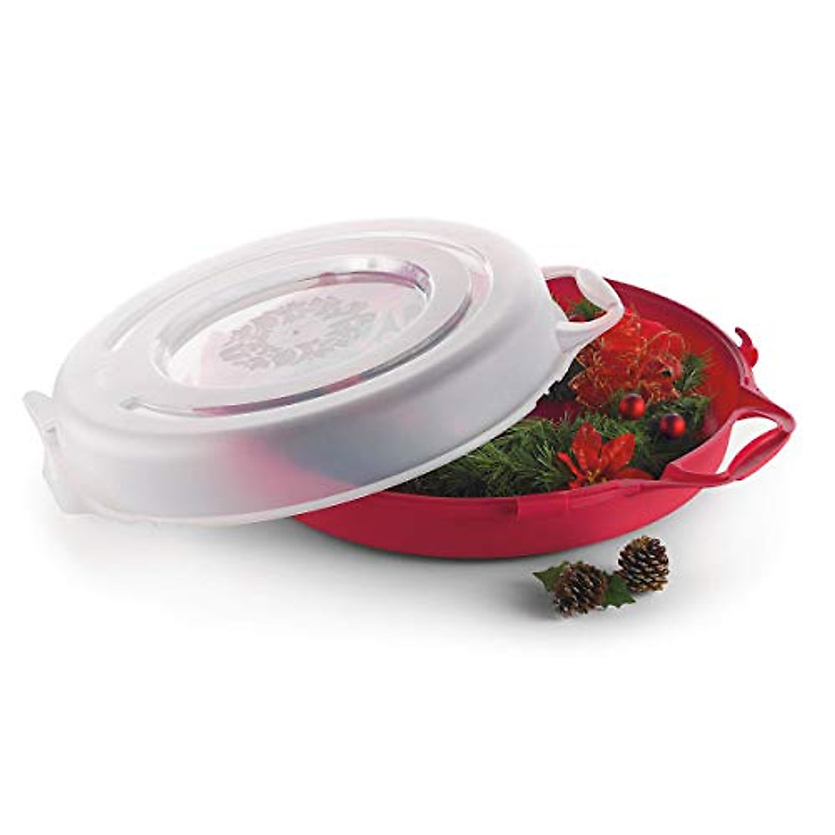 HOMZ Set of 3 Holiday Wreath Plastic Storage Containers, Holds Up to 24” Diameter, Secure Latching Lid and Easy Grip Handle, Stackable and Nestable, Red/Clear