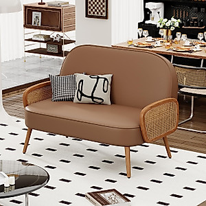 WENTMENT Loveseat Sofa Small Couch for Living Room, Faux Leather Mini Couch Love Seat with Natural Rattan Armrest and Solid Wooden Legs Small Sofa for Small Space, Bedroom, Apartment（Brown）