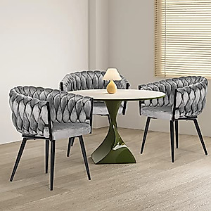 Adeco Velvet Dining Set of 2, Modern Accent Arm Living Room Black Metal Legs, Upholstered Leisure Chair with Hand Woven Backrest for Kitchen Side Table, Grey