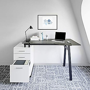Techni Mobili Modern Smoke Tempered Glass top & Storage Home Office Computer Writing Desk Workstation with Two Cupholders and a Headphone Hook-Pine, 59.5" D x 29.25" W x 29.5" H, White