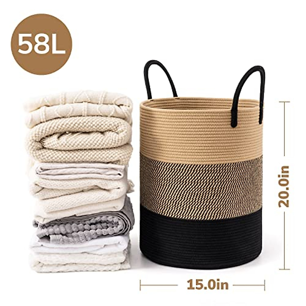 CHICVITA Woven Laundry Basket Large Dirty Clothes Hampers for Laundry Tall Wicker Jute Basket for Blankets, Toys in Living Room, Bathroom, Decorative Towel Storage Basket for Organizing, 58L, Black