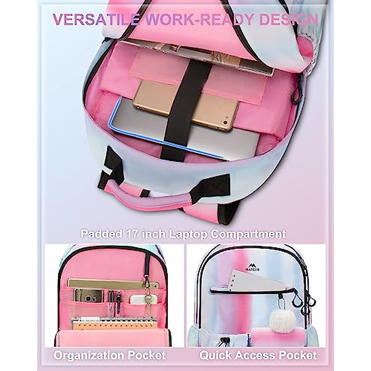 MATEIN Backpack with Lunch Compartment, Durable Insulated Cooler Lunch Bag for Women Nurse Teacher, 17 inch Laptop Backpack for Work Office Meal Prep Large Travel Daypack for Camping Picnic,Tie dye