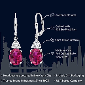 Gem Stone King 925 Sterling Silver Red Created Ruby and White Zirconia Dangle Earrings For Women (5.00 Cttw, Gemstone July Birthstone, Oval 10X8MM, Trillion 5MM)