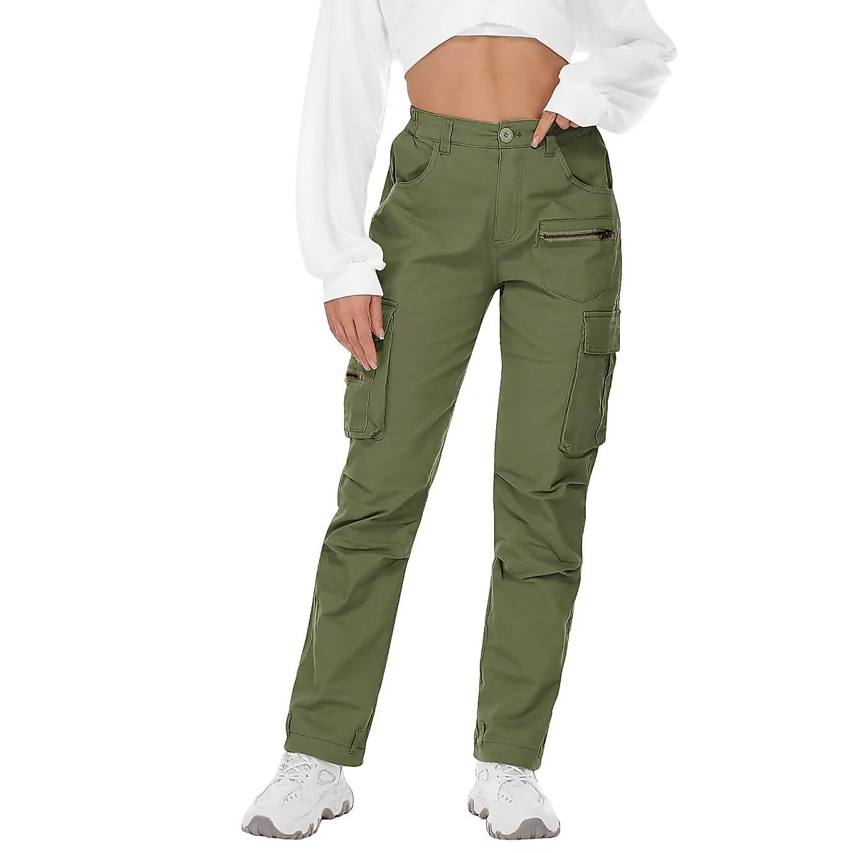 AKARMY Women's Relaxed Fit Cargo Pants Outdoor Sport Hiking Pants Casual Pants Parachute Pants with Zipper Pockets 8611 Military Green 10