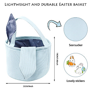 GFU Easter Bunny Basket with 2pcs Stickers,Seersucker Eggs Hunt Bag with Handle for Kids, Pink Children Easter Tote Bags,Rabbit Ears Stripe Bag for Boys and Girls to Carry Candy Gift, Easter Egg