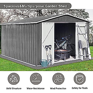 Evedy 10x8ft Outdoor Storage Shed,Metal Garden Shed for Bike, Trash Can, Tools, Galvanized Steel Outdoor Storage Cabinet with Lockable Door,Tool Cabinet with Vents,for Backyard,Patio, Lawn