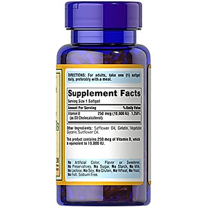 Puritans Pride Vitamin D3 250 mcg (10,000 IU)-200 Softgels, White