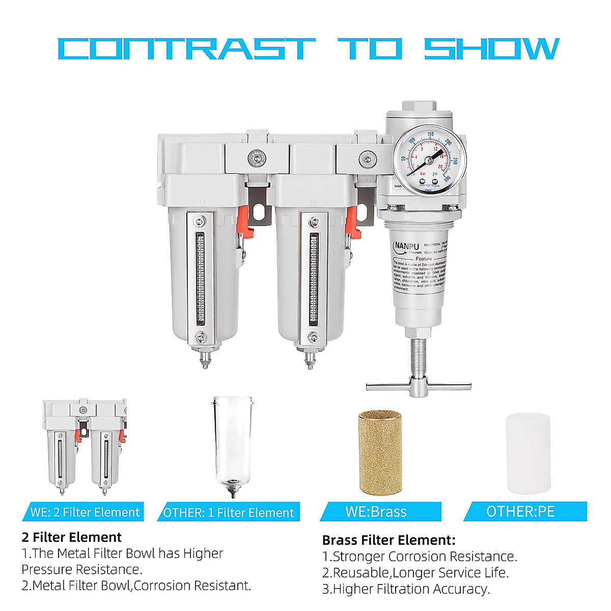 NANPU 1/2" NPT T-Handle High Pressure Air Drying System - Double 5 Micron Particulate Filter & Air Pressure Regulator Piston Combo, Semi-Auto Drain＆Gauge