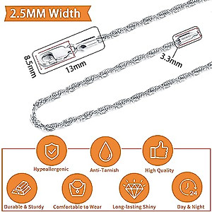 Andsion 925 Sterling Silver Chain Lobster Clasp Rope Chain Necklace for Women Men Boys, 2.5MM Silver Chain for Women, Shiny & Sturdy Womens Chain Necklace 18 Inches