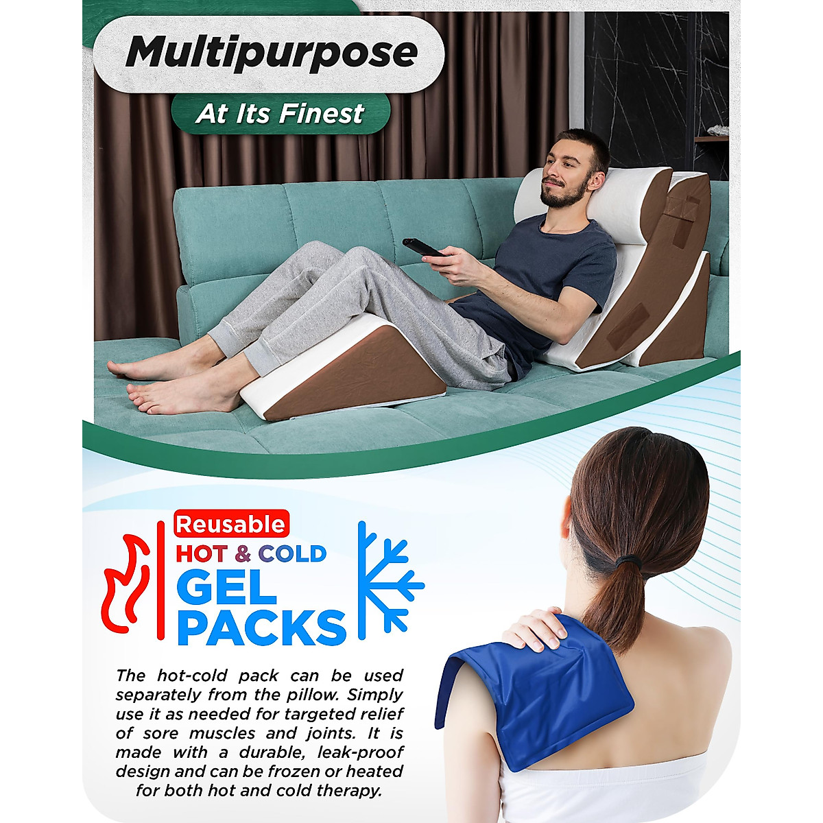 Lunix LX5 4pcs Orthopedic Bed Wedge Pillow Set, Post Surgery Memory Foam for Back, Leg Pain Relief, Sitting Pillow, Adjustable Pillows Acid Reflux and GERD for Sleeping, with Hot Cold Pack, Brown