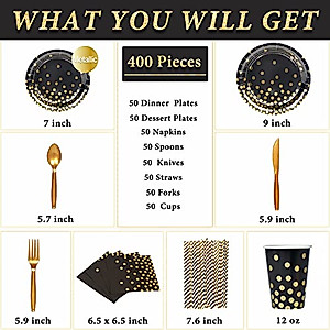 DECORLIFE Black Paper Plates, 400PCS Serves 50, Black and Gold Plates and Napkins Party Supplies, 12oz Cups, Utensils, Straws for Graduation Homecoming Retirement Anniversary Birthday Party