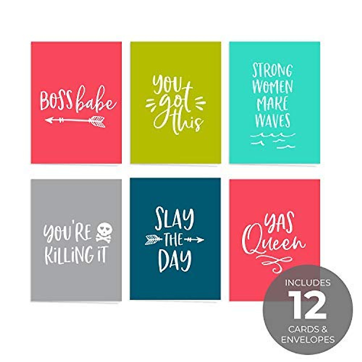 Canopy Street Female Empowerment Note Cards / 12 Everyday Feminist Boss Babe Encouragement Cards / 6 Feminine Positive Affirmation Designs / 4 5/8" x 6 1/4" Strong Women Friendship Greeting Cards