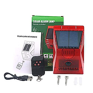 Motion Sensor Alarm Outdoor Solar Powered 8LED Strobe Light Security Alarm System PIR detect Loud Siren Alert (129dB 328ft) with Remote Control，for Home Chicken coops Farm Barn Villa Yard
