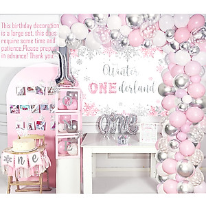Winter Onederland Birthday Decorations, Winter Onederland 1st Birthday Decorations for Girl, Winter Onederland First Birthday Decor, Snowflake Photo Banner Highchair Banner Balloon Garland Balloon Box