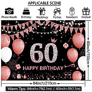 ASOONYUM 7x5ft Happy 60th Birthday Backdrop for Women Adult Rose Glitter Gold Balloon Background for Photography Sixty Birthday Black Gold Party Backdrops Diamond Photo Booth Banner
