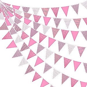 32Ft Hot Pink Striped Dot Pennant Banner Fabric Triangle Flag Bunting Garland Streamers for Wedding Birthday Baby Bridal Shower Party Home Nursery Outdoor Garden Hanging Festivals Decorations
