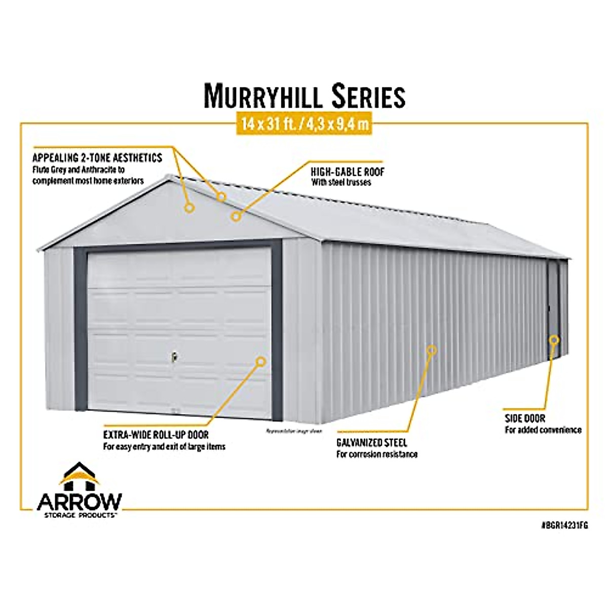 Arrow Shed 14' x 31' Murryhill Garage Galvanized Steel Extra Tall Walls Prefabricated Shed Storage Building, 14' x 31', Flute Gray