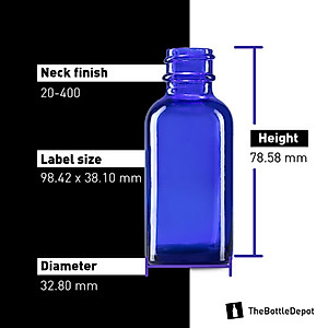 The Bottle Depot - 24 Pack - 1 oz Glass Bottle With Cap - Blue - 20-400 Neck Finish - Boston Round Bottles - UV Rays Protection