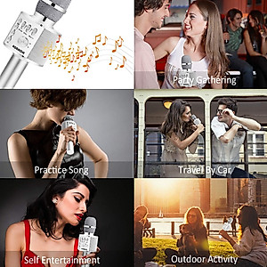 BONAOK Wireless Bluetooth Karaoke Microphone,3-in-1 Portable Handheld Mic Speaker for All Smartphones,Gifts for Kids Adults All Age Q37(Silver)