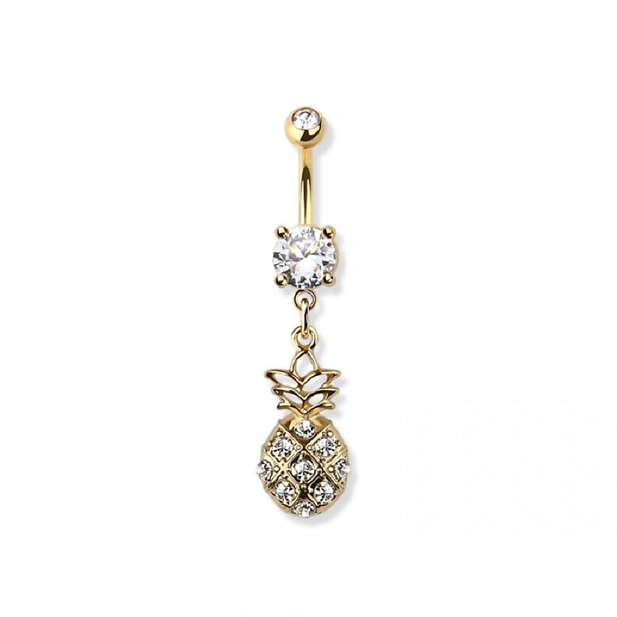 Pierced Owl 14GA 316L Stainless Steel CZ Crystal Pineapple Dangling Belly Button Ring (Gold Tone)