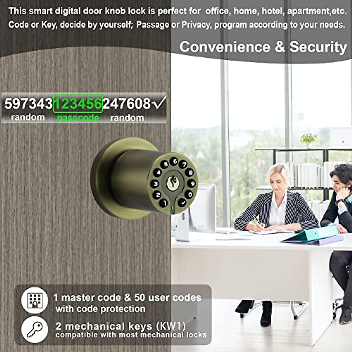 iulock Code Door Lock, Electronic Door Knob with Keypad and Key, Auto Lock, Waterproof, Passage Function, Long Battery Life,50 Codes, Easy to use and Install for Office/Warehouse/Bedroom/Garage