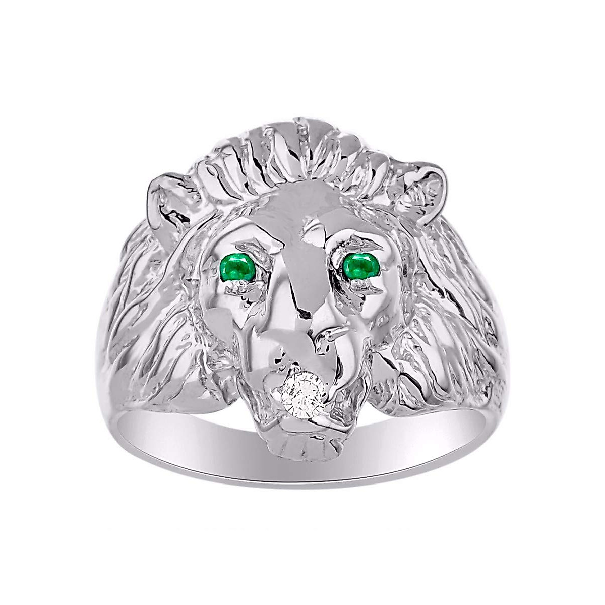 Rylos Conversation Starter Diamonds & Emerald Eyes & Mouth of this Fabulous Lion Head Ring Set in Sterling Silver Size 10