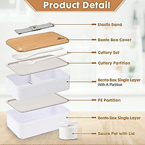 Bento Box Adult Lunch Box,All-in-1 Stackable Japanese Bento Lunch Box for Women,(47oz) Lunch Containers with Food Compartments, Accessories and Sauce Container,Leak-proof,Microwave Safe (White)