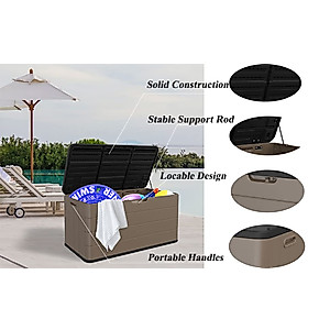 ADDOK 85 Gallon Deck Box Lockable, Resin Outdoor Garden Storage Box Waterproof, Bench Storage Boxes for Outside, Yard,Toys and Garden Tools (Brown)