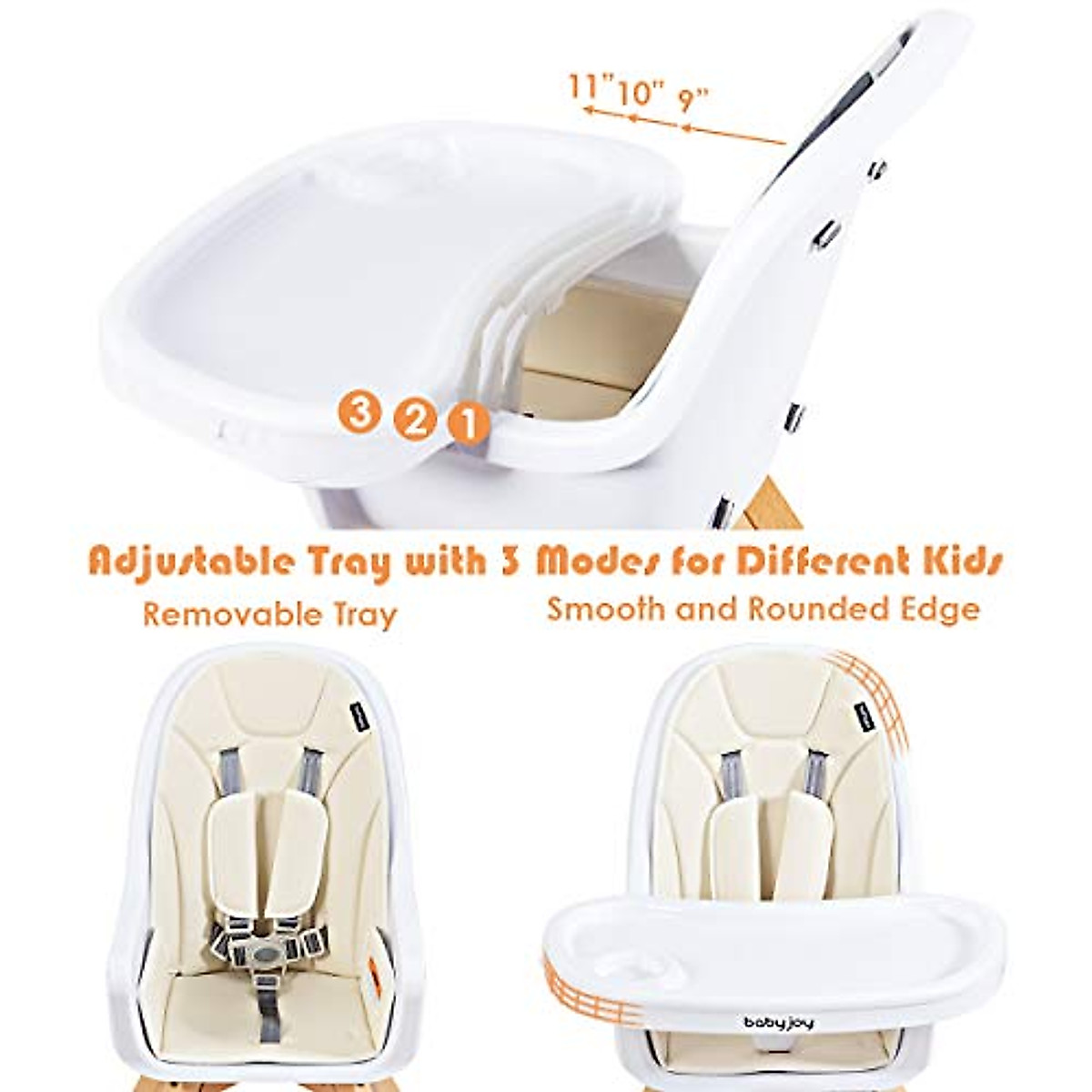 BABY JOY 3 in 1 High Chair, Baby Eat & Grow Convertible Wooden High Chair/Rocking Chair/Booster Seat/Toddler Chair, Infant Dining Chairs w/ Double Removable Tray, 5-Point Seat Belt & PU Cushion, Beige