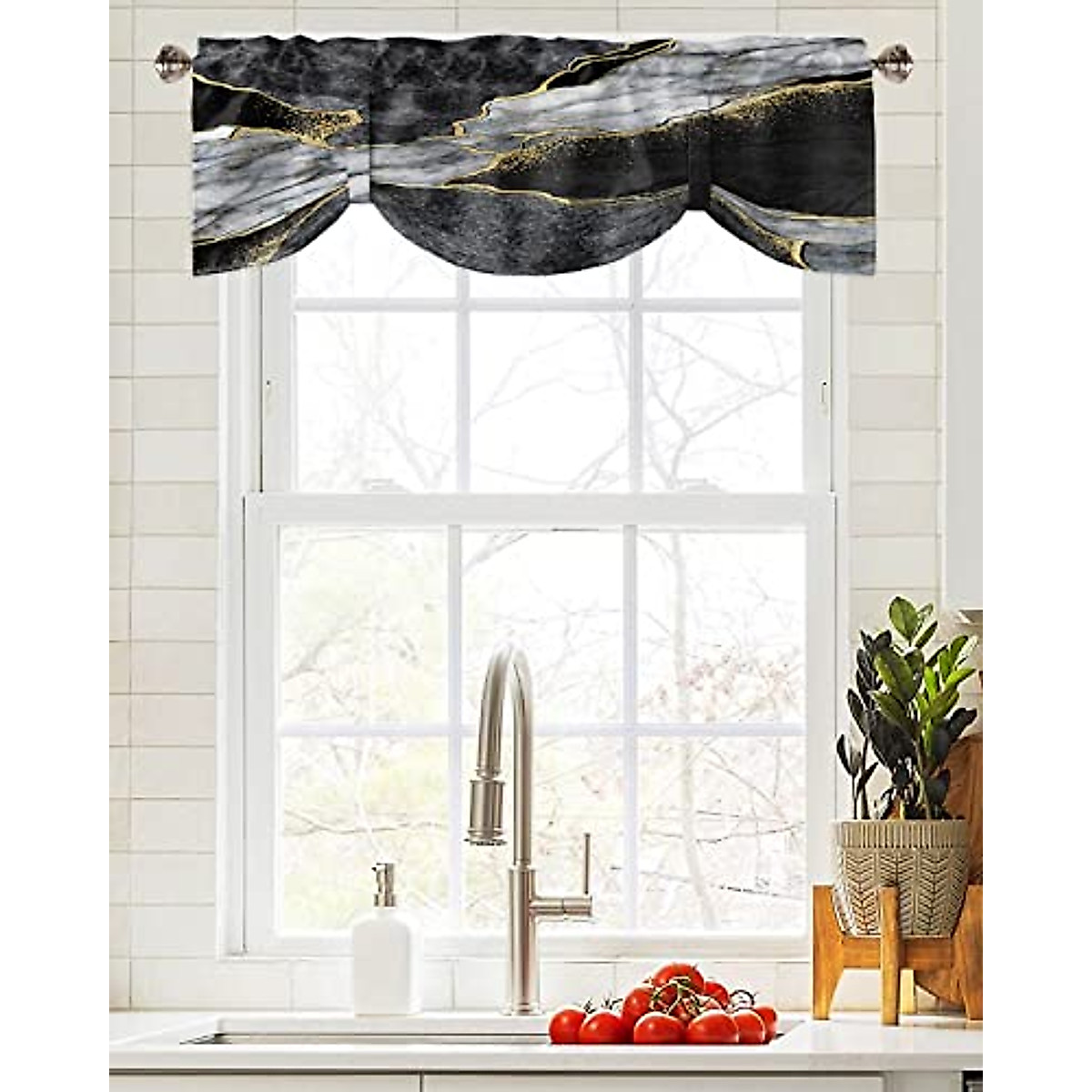 Tie Up Valance for Windows Black Abstract Marble Curtains Valances Rod Pocket Valance Window Treatments White Malachite Gold Veins Tie-up Shade Valance for Kitchen Living Room Bedroom 1 Panel 60x18