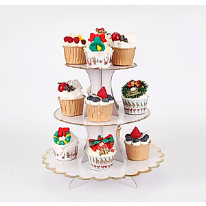 YLDW 3-Tier Cupcake Stand, Lace Trim Cake Stand Holder, Tiered DIY Cupcake Stand Tower for Dessert Table Displays, Birthday Theme Party Favors Decoration, Floral Tea Party, 12" W x 12.8" H, White