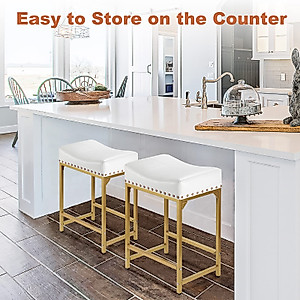 FLYZC Bar Stools Set of 4 Counter Height, 24" Modern White & Gold Counter Stools Set of 4, Stools for Kitchen Counter, Modern White Barstools Saddle Stool Backless Island Chairs (White+Gold)