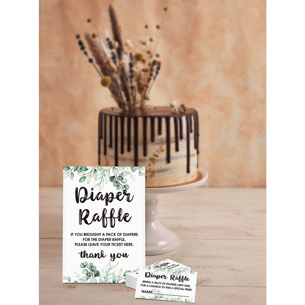 Diaper Raffle Baby Shower Game Set(1 Standing Sign + 50 Guessing Cards), Greenery Diaper Raffle Tickets for Baby Shower, Gold Foil Baby Shower Party Favor Decor - A11
