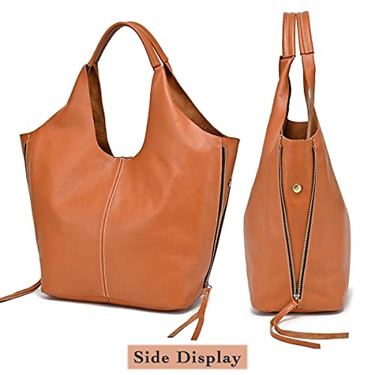 Soft Genuine Leather Tote Bag Womens Top Handle Handbags Quality Multi-function Hobo Shoulder Bag and Travel Lady Purses (Brown)