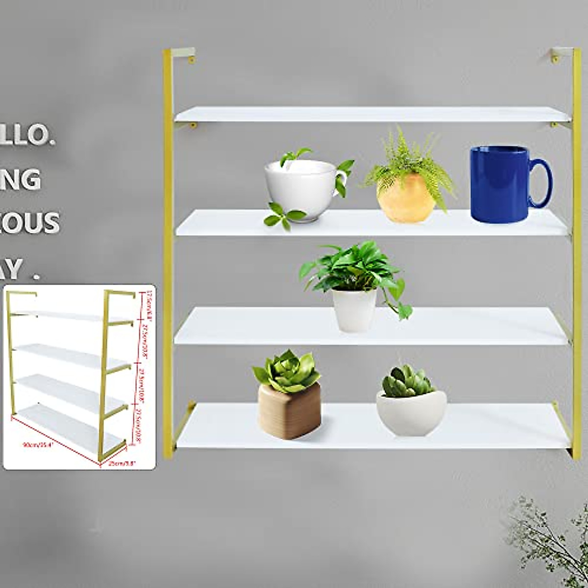 TBVECHI Wall Mounted Floating Shelves 4-Tier Gold Floating Display Shelves Connected Wood Shelf with Iron Frame Storage Shelves for Living Room Office Kitchen Bedroom Decor, Gold+White