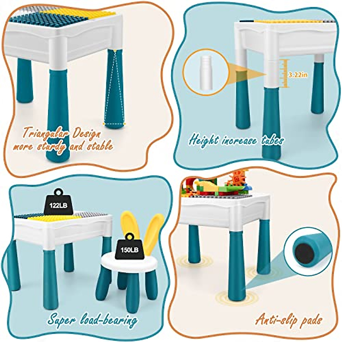 ROGALALY Kids Activity Table Set, All-in-One Multi Activity Table with Storage, 105pcs Building Blocks Table Compatible with Classic Bricks, Craft Learn Play Water Sand Table for Boys Girls