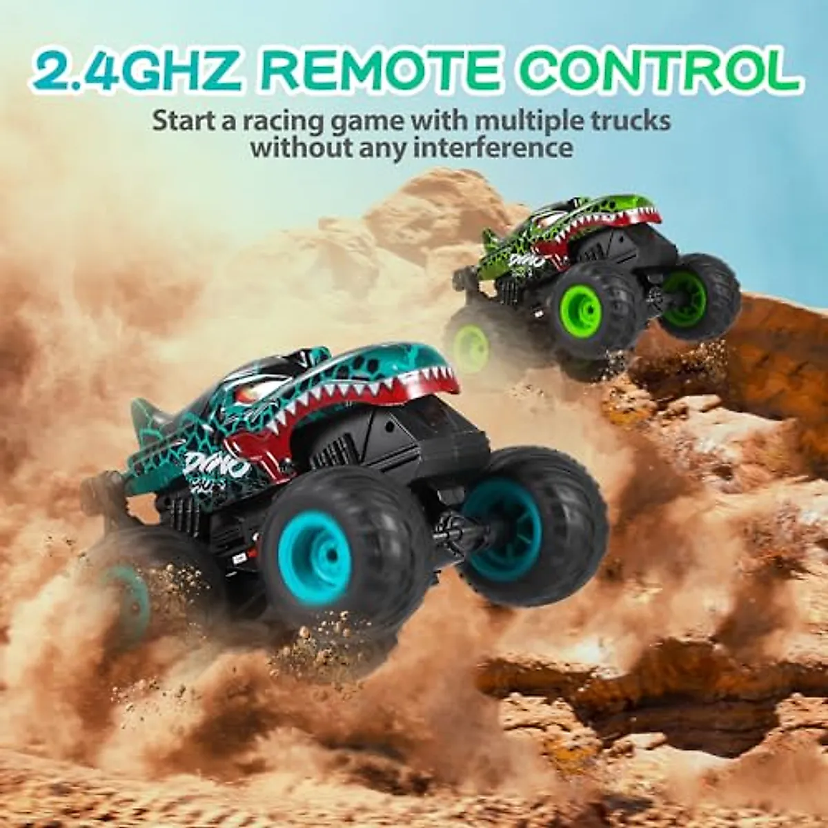 DYODYORC Remote Control Car, 2.4Ghz All Terrain Dinosaur Monster Truck Toys, RC Truck with Music, 3 Lighting Effects, 360 Stunt Capable, All Included Ready to Run, Toy Gifts for Boys and Girls (Cyan)