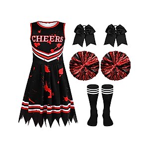 Liitrsh Cheerleader Costume Girls Cheerleading Halloween Cosplay Scary Outfit Bloody Dress Accessories for Party (Fearleader,7-8 Years)