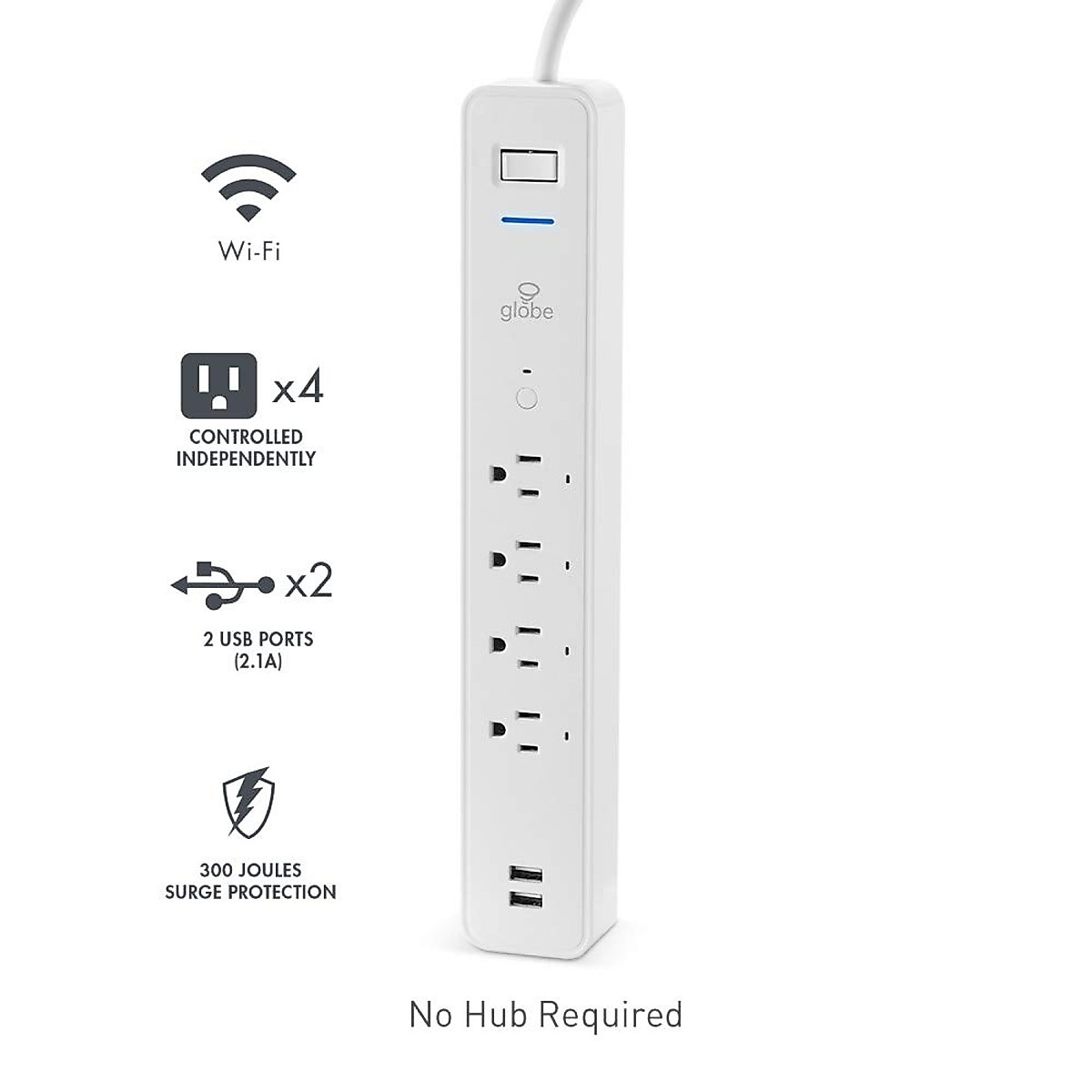 Globe Electric Wi-Fi Smart 4-Outlet Surge Protector 2 USB Port Power Strip, No Hub Required, Voice Activated, Independently Controlled Grounded Outlets, 4ft Cord, White 50077