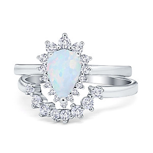 Blue Apple Co. Lab Created White Opal Size-6 Teardrop Two Piece Bridal Set Art Deco Vintage Round Cubic Zirconia 925 Sterling Silver