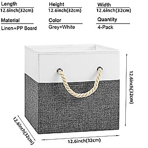 Yawinhe Collapsible Storage Basket 4-Pack, Open Storage Cube Bins with Thick Rope Handles, for Organizing, Shelves, Toys, Clothes, Office, 12.6x12.6x12.6in, White/Grey, SNK033WG-4